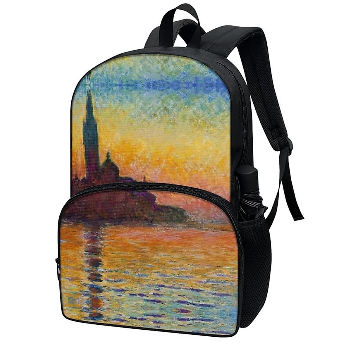 Rivatimrio The Twilight of San Giorgio Church Monet Backpack Boys Girls School Impressionism Oil Painting Rucksack Middle High School Bags Double Zipper Rucksack Teenagers