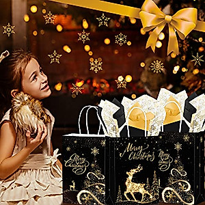 Funrous Gold Black Christmas Bags with Tissue Paper Xmas Black and Gold Gift Bags Metallic Gold Black Goody Treat Bags with Handles for Christmas Thanksgiving Candy Cookies Party Supplies (16 Pcs)