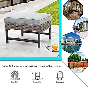 LOKATSE HOME Patio Ottoman Outdoor Wicker Foot Rest Seat with Cushion Rattan Furniture for Garden Backyard Lawn Deck, Grey