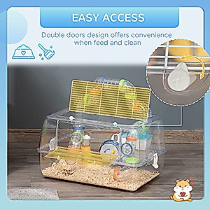 PawHut Hamster Cage, 2-Level Rat House Mouse Habitat with Accessories Tube Tunnels, Exercise Wheel, Water Bottle, Food Dish, Hut, 22" x 15" x 12.5", Transparent