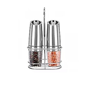 Gravity Electric Salt and Pepper Grinder Set, Battery operated, Stainless Steel, Adjustable Coarseness, LED light, One Hand Automatic Operation, 2 pack