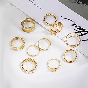 10Pcs Gold Dome Chunky Rings Set for Women Girls,18K Gold Plated Braided Twisted Round Signet Link Rings Adjustable Open Ring Band Statement Jewelry