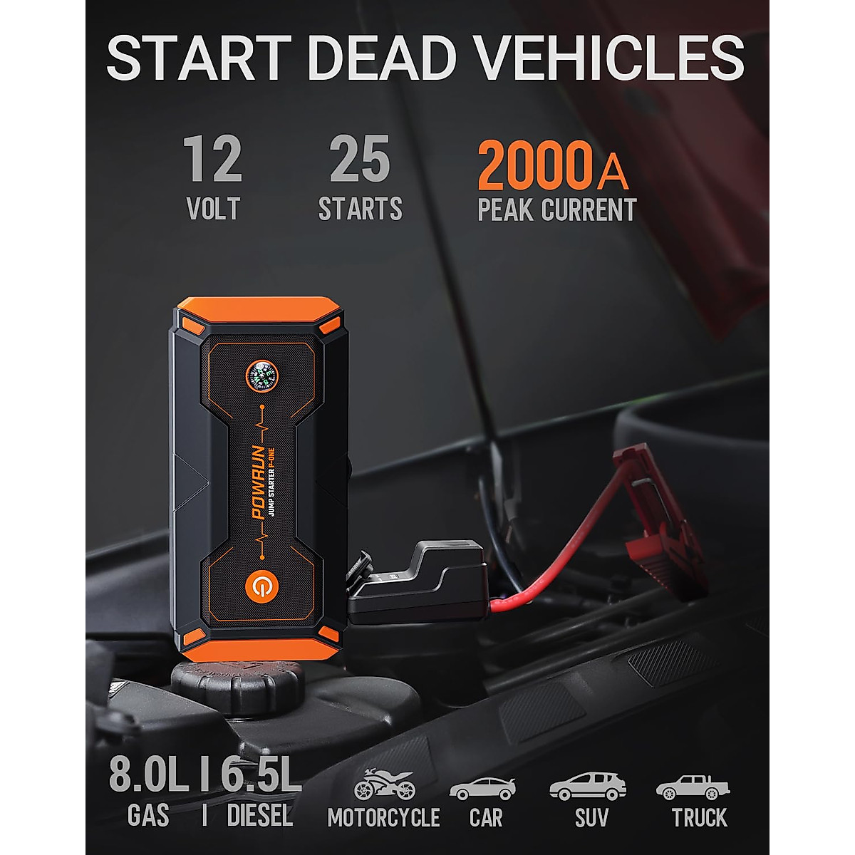 Powrun P-ONE Jump Starter, 2000A Portable Jump Box - Car Jump Starter Battery Pack for up to 8.0L Gas and 6.5L Diesel Engines, 12V Battery Jump Starter with Carry Case (Orange)
