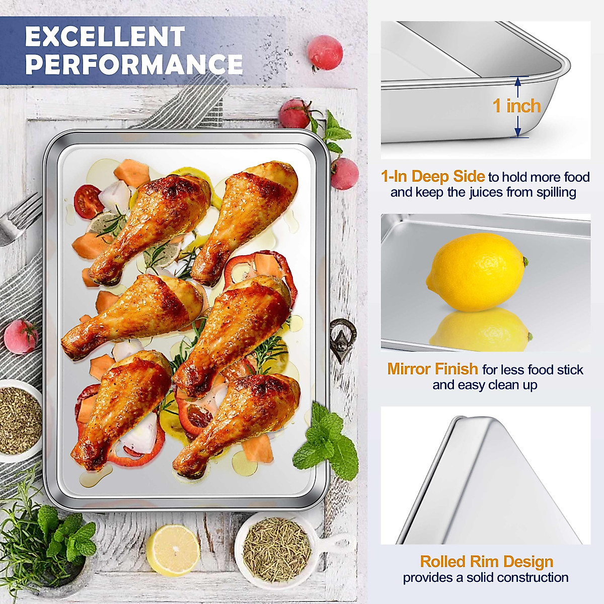 Baking Sheet Pan with Rack Set, Joyfair Stainless Steel Toaster Oven Pans Tray & Cooling Racks for Cookie/Jelly Roll/Bacon/Meat, Commercial Metal & Rust-free, Dishwasher Safe (16 Inch)