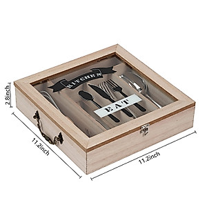 WPKLTMZ Wooden Cutlery Box with Lid Wood Cutlery Organizer Silverware Drawer Organizer with 4 Compartments for Spoon Chopsticks Storage Box Container for Kitchen Countertop Dining Table