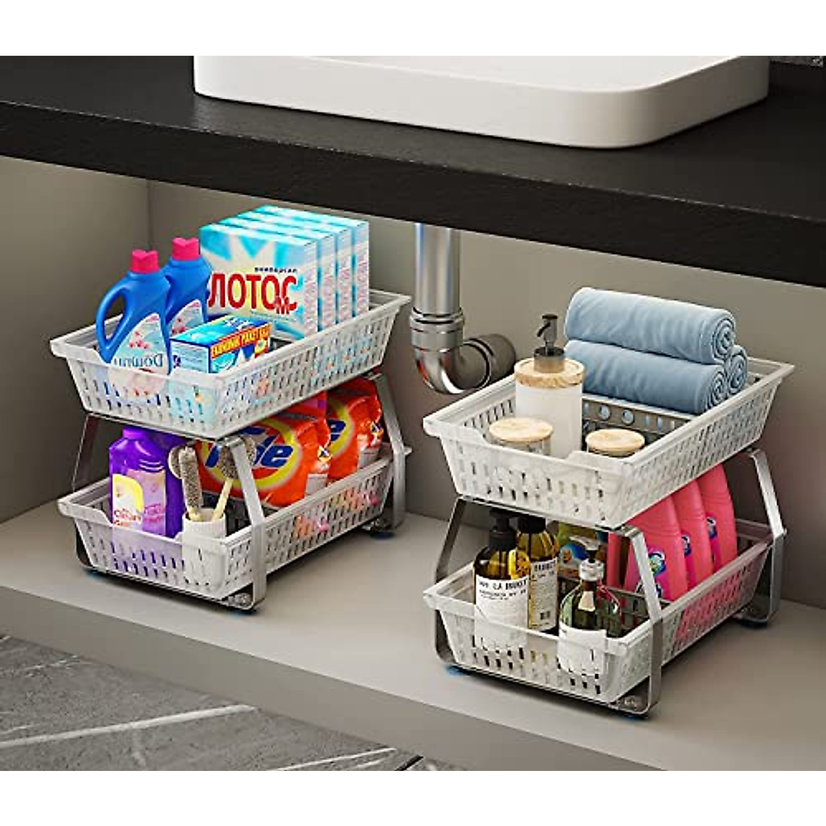 junyuan Under Sink Organizers and Storage, Bathroom Countertop Organizer with Dividers,Double Pull Out Cabinet Organizer Stainless Steel