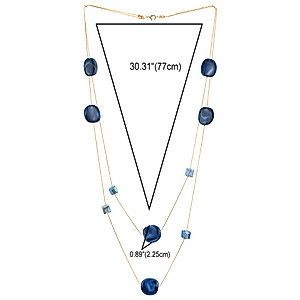 COOLSTEELANDBEYOND Elegant Gold Statement Necklace Two-Strand Long Chain with Blue Cube Crystal Beads and Circle Charms