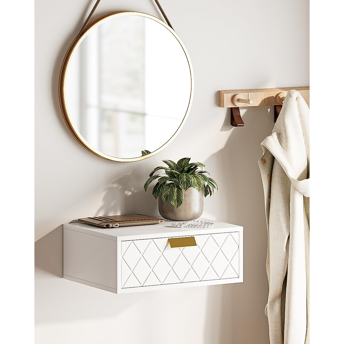 Aobafuir Floating Nightstand Shelf with Drawer, Small Modern Wall Mounted Nightstand, Shelves for Bedroom, White Diamond