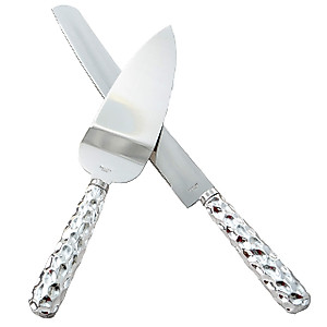 FASHIONCRAFT Hammered Design Handle Cake Knife and Server Set – Wedding Favor, One Size, Stainless Steel Blades with Shiny Silver Handles