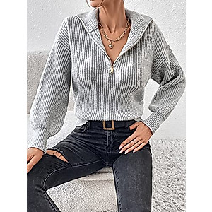 Verdusa Women's Casual Zip Up Long Sleeve Pullover Sweater V Neck Collar Knitted Top Light Grey S
