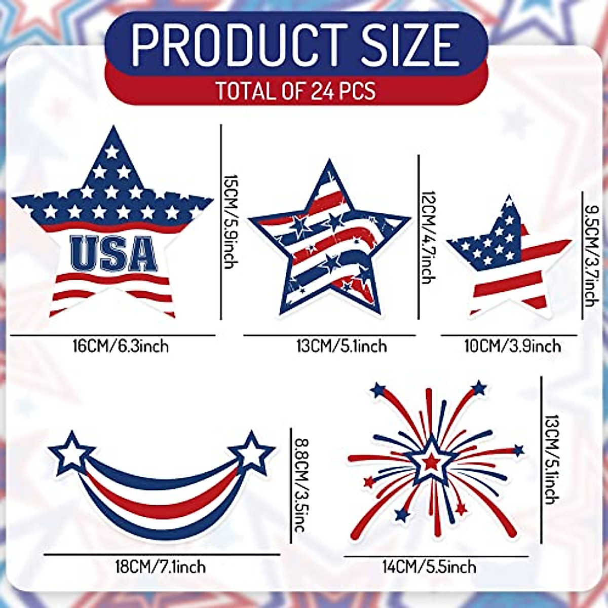 Whaline 24Pcs Patriotic Refrigerator Magnets 4th of July Stars Fireworks Refrigerator Magnetic Stickers Stars and Stripes Magnetic Decals for Independence Day Fridge Metal Door Cabinets Mailbox Decor