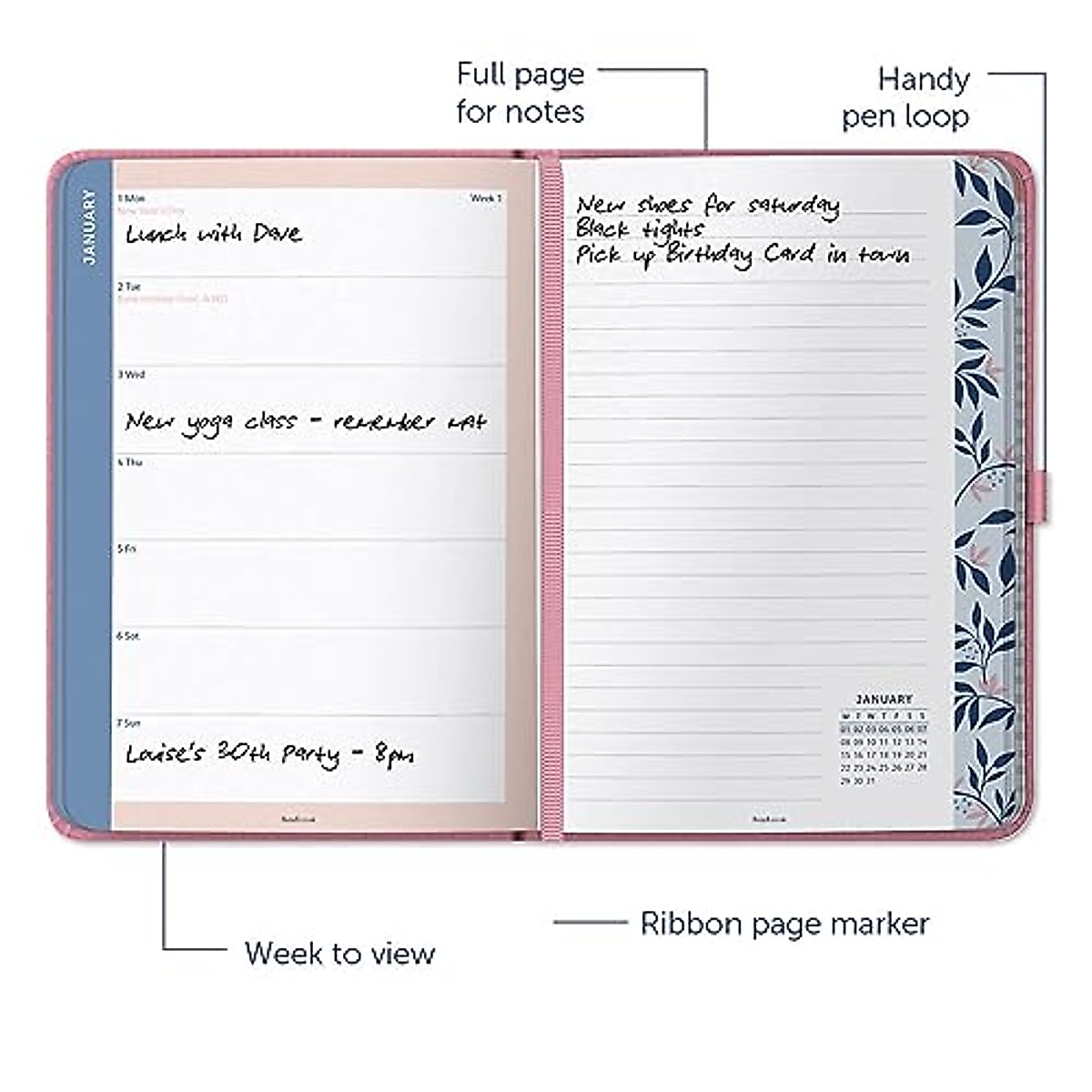 Busy B A5 To Do Diary January to December 2024 - Pink - Faux Leather Week to View Diary with Notes, Tear-Out Lists & Pockets