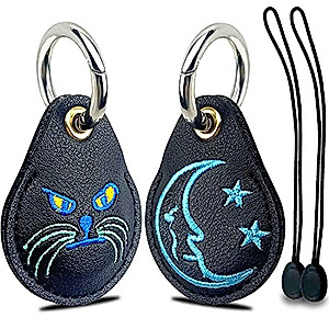 AirTag Leather Holder with Keychain, 2 Pack Waterproof Full Protective Cover, Airtags Enclosed Case, Apple Tracker Enclosure Accessories, Air Tag Mate Case with Embroidery Pattern (Cat & Moon)