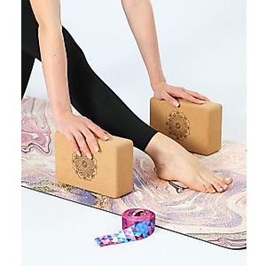 Aozora Cork Yoga Block Sustainable & Eco Friendly 2 Pack and Yoga Strap Set Made of The Finest Natural Cork for Better Support, Balance & Comfort (Mandala, 9 * 6 * 3（2pack))