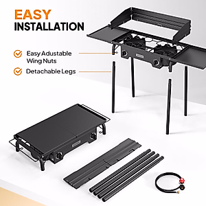 ROVSUN 2 Burner Gas Stove with Side Shelves, 150,000 BTU Portable Propane Stove with Removable Legs, Wind Panels & Regulator for Camping Home Backyard Cooking Brewing Canning Turkey Frying