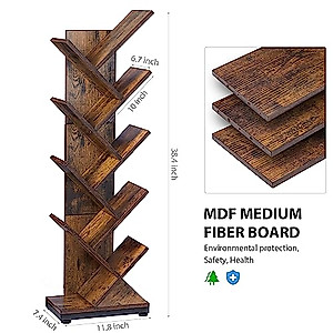 ruboka 8-Shelf Tree Bookshelf, 38.4-Inch Retro Floor Standing Bookcase Display for CDs/Magazine/Books, Small Bookshelf for Bedroom, Living Room, Office,Balcony, Brown Storage Shelves DESK54A