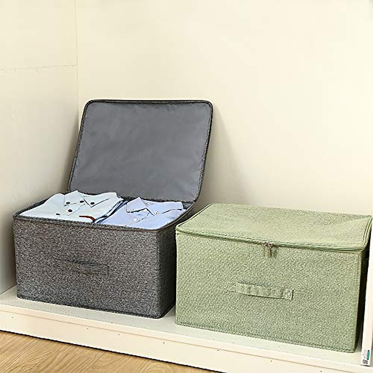 Everfunny Storage Bins with Zipper Lid Storage Boxes with Handles PP Plastic Board Foldable Lidded Cotton Linen Fabric Home Cube Baskets Closet Clothes Toys Organizer Container-Green, Large