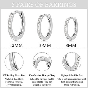 3 pairs Sterling Silver Hoop Earrings for Women 14K White Gold Plated Small Silver Hoop Earrings Cubic Zirconia Huggie Hoop Earrings for Men(Silver 8/10/12mm)