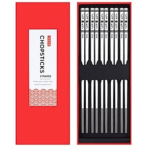 5 Pairs Metal Chopsticks, Reusable 316L Stainless Steel Chopsticks with Laser Engraved Non-Slip, Lightweight Square Design, Japanese Chinese Korean Design, Dishwasher Safe, Gift Set, Fish Pattern