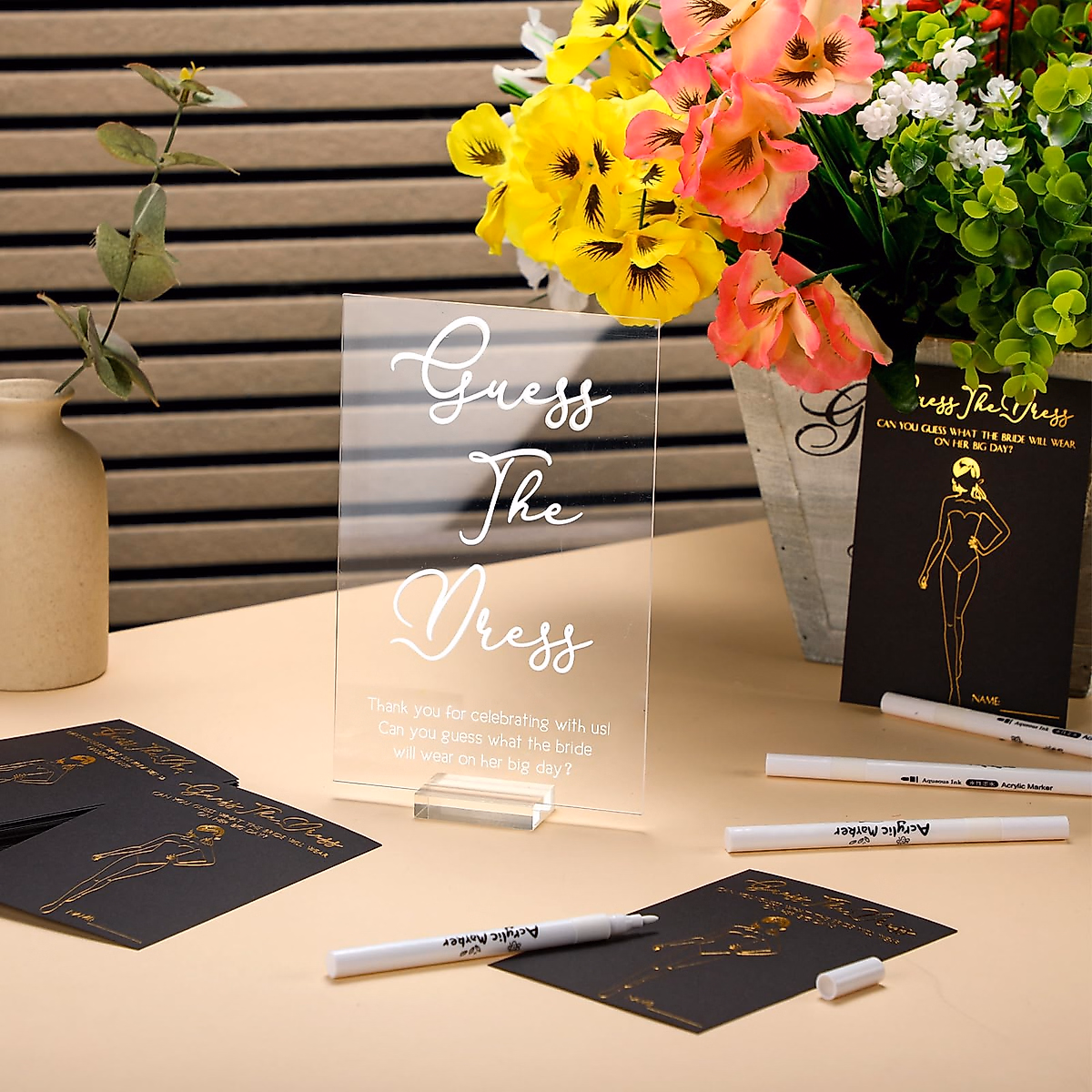 Seajan Guess the Dress Bridal Shower Game Acrylic Bridal Shower Sign Fun Bridal Shower Games Table Sign 50 Black Gold Guessing Cards 20 White Acrylic Pens for Guests Wedding Shower Games Party