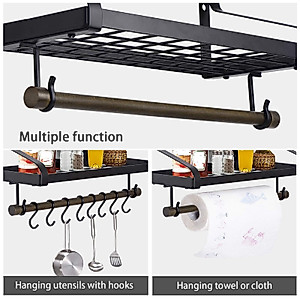 Love-KANKEI Pot Rack Wall Mounted Pan Pot Organizer Wall Shelf with Towel Bar and 8 Hooks for Kitchen Cookware Utensils Organization Black