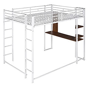 GINGVAT Full Size Metal Loft Bed with 2 Shelves and one Desk, Ladder and Safety Guardrail, White
