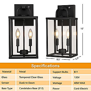 PARTPHONER Large Outdoor Light Fixutre 2-Light, Dusk to Dawn Outdoor Lighting Farmhouse Front Porch Light Exterior Wall Lantern Sconce with Clear Glass for Entryway Doorway House Garage