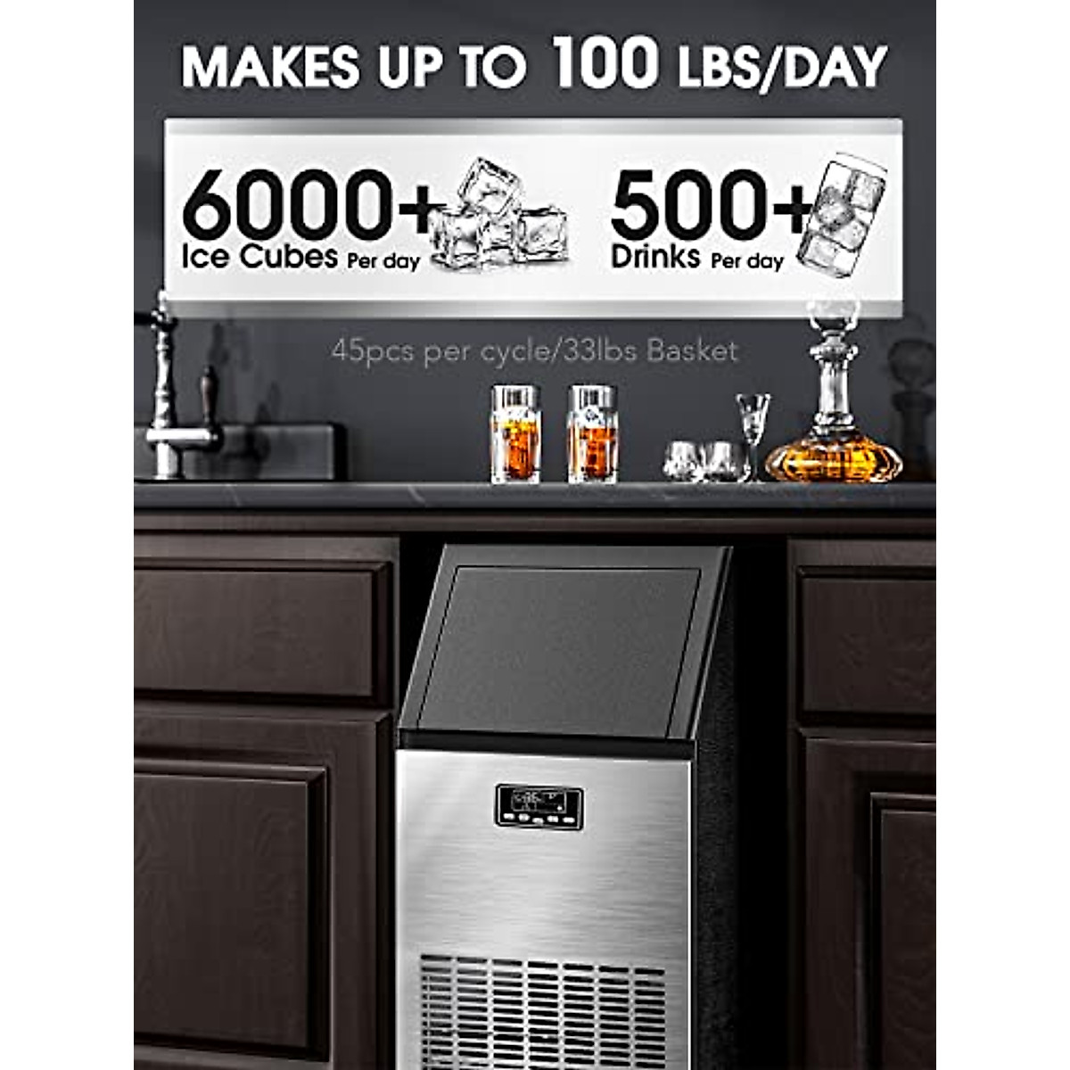 Joy Pebble Ice Maker Commercial,100lbs/24H/4,400pcs, 45 Cubes/Cycle,Ice Size Control,24H Timer,Freestanding Ice Maker Machine Under Counter, Ideal for Restaurants, Bars,Offices and Home Parties