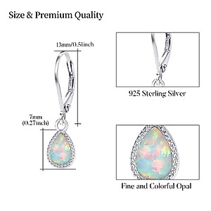 Teardrop Leverback Drop Dangly Safety Earrings, 925 Sterling Silver Opal Jewelry Valentine Gift for Women Girlfriend Daughter with Gift Box