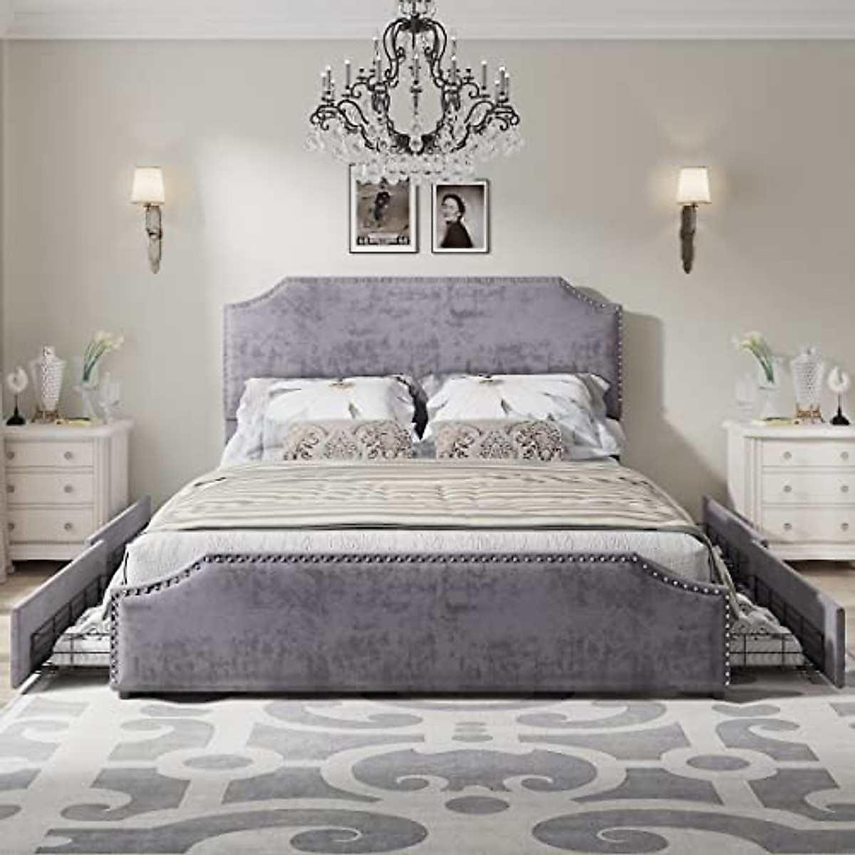 AMERLIFE King Size Bed Frame with 4 Storage Drawers and Headboard, King Velvet Upholstered Platform Bed with Rivet Curved Adjustable Headboard/Strong Wooden Slats/Easy Assembly/Grey