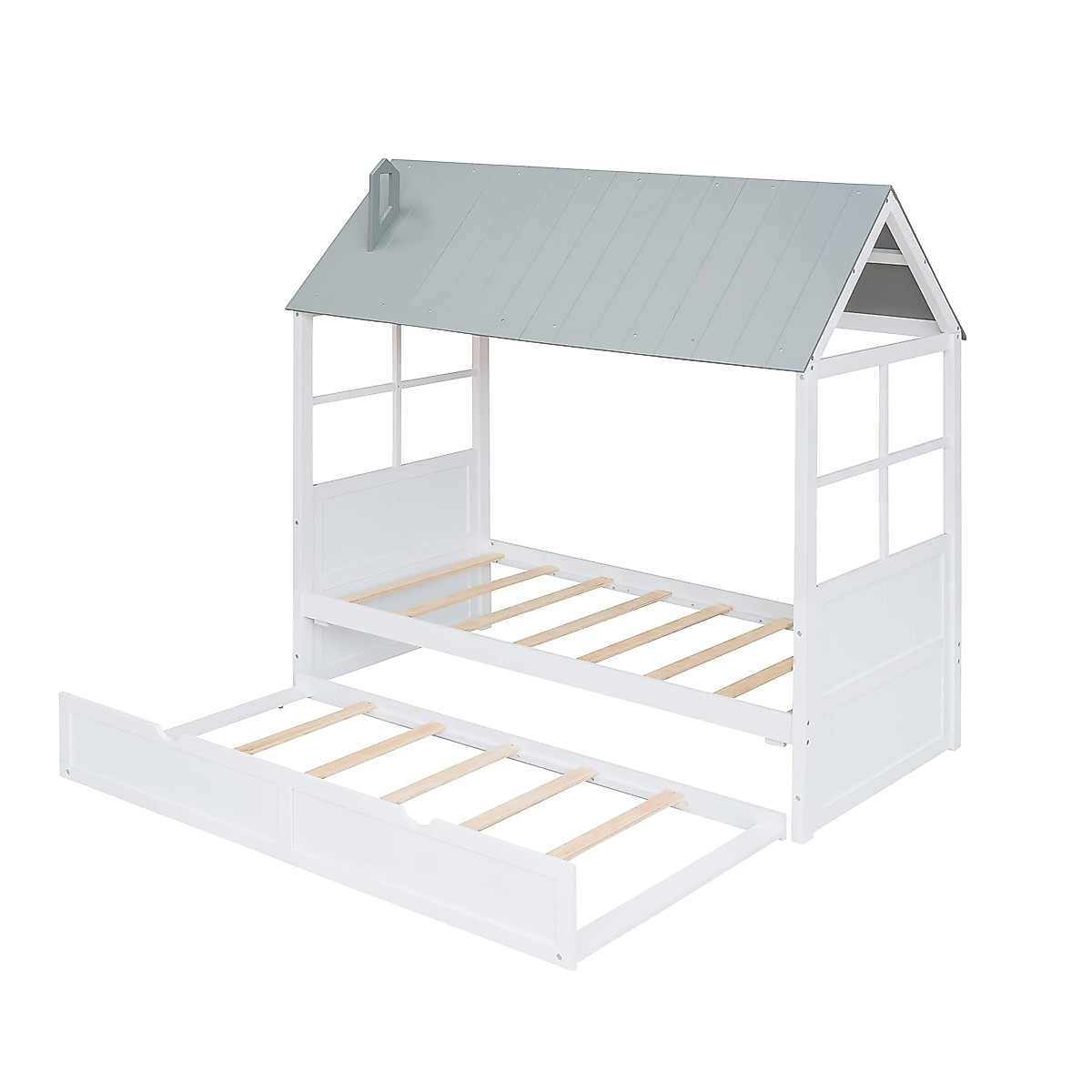 BIADNBZ Twin Size House Bed with Trundle,Wooden Playhouse Platform BedFrame with Roof and Window Design for Kids Teens Boys Girls Bedroom,No Box Spring Needed,White+Gray