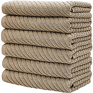 Premium Kitchen Towels (16”x 25”, 6 Pack) | Large Cotton Kitchen Hand Towels | Dish Towels | Diagonal Weave Design | 445 GSM Highly Absorbent Tea Towels Set with Hanging Loop | Tan