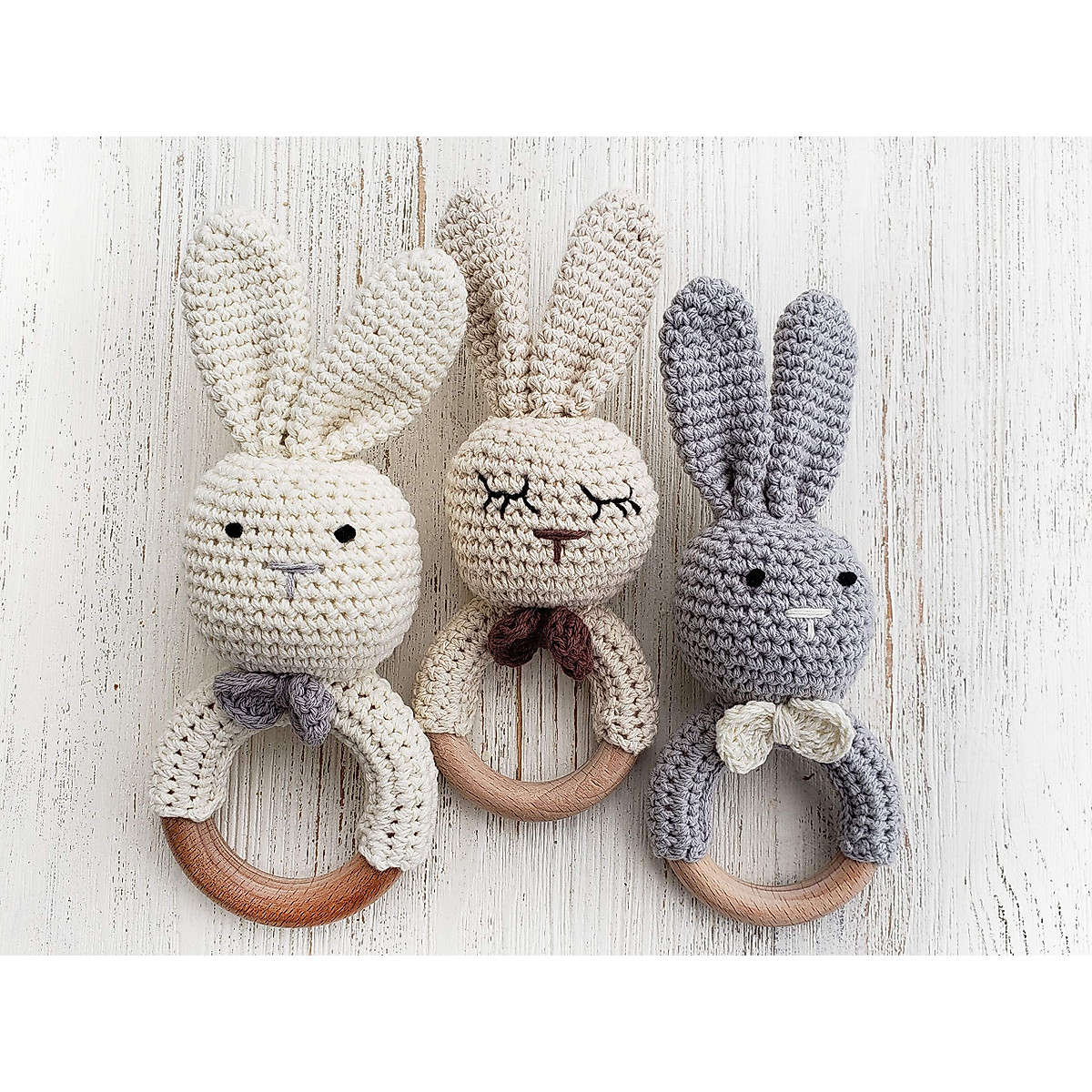 Natural Crochet Teether Toy Rattle for Baby Forest Friends Handmade Amigurumi Crochet Bunny Deer Fox on Natural Wooden Teething Ring Rattle Natural Baby Toys (Organic Bunny)