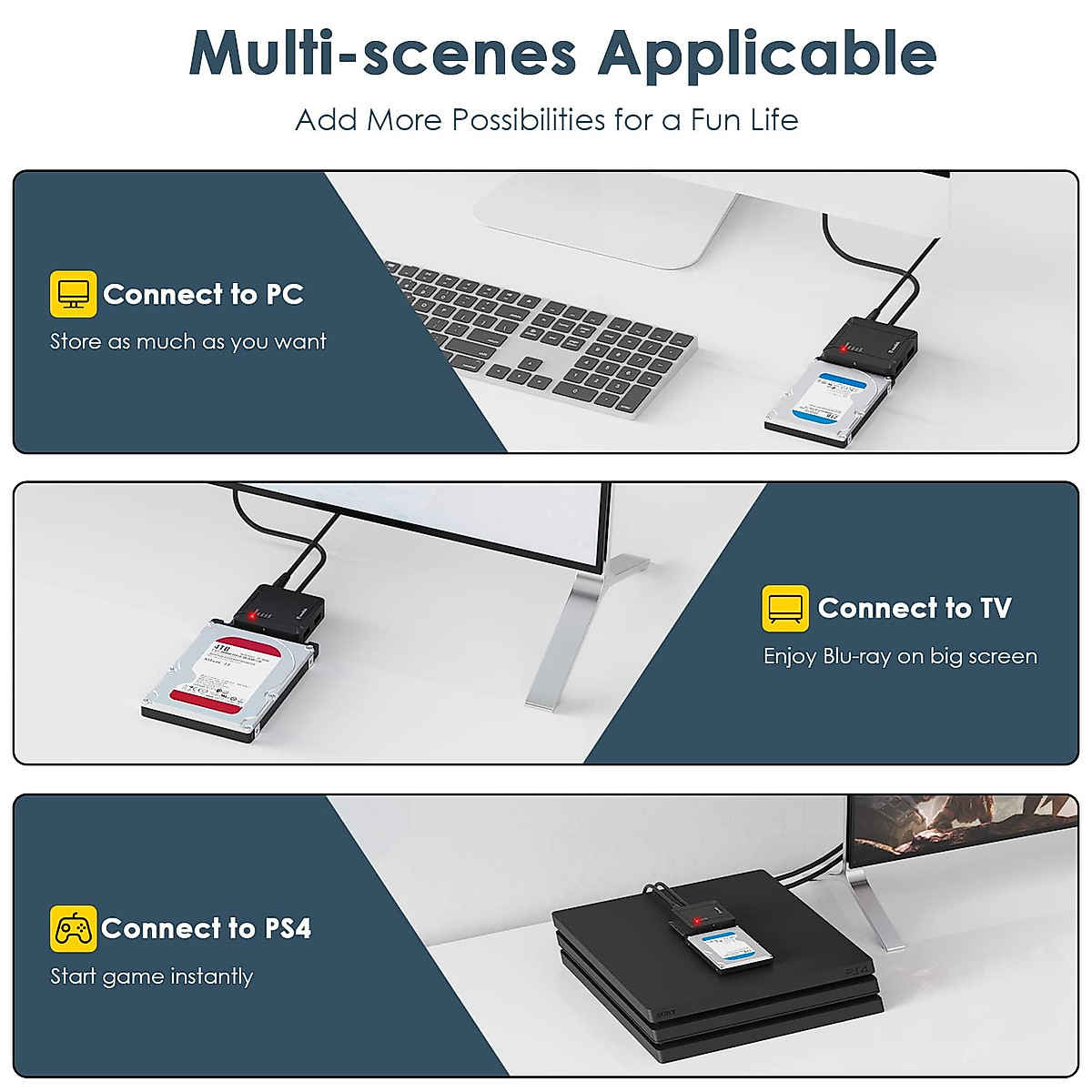 WAVLINK SATA III to USB Adapter Cable, USB C to Dual Bay SATA 3 Converter for 2.5"/3.5'' External Hard Drive HDD/SSD Connector with 2X USB Ports and 12V Power Adapter, Max 2x18 TB