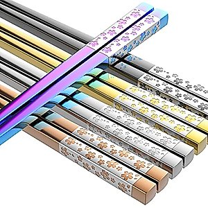 FOFAYU Metal Chopsticks Reusable 5 Pairs Multicolor Stainless Steel Chopsticks Dishwasher Safe Square Lightweight Non-Slip Chop Sticks Gift Set