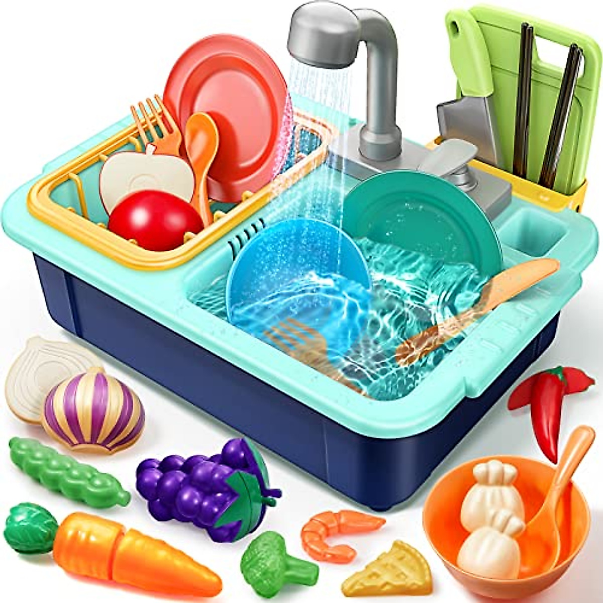Geyiie Play Sink with Running Water - Kitchen Sink Toys for Kids and Toddlers with Upgraded Faucet, Cutting Food, Play Dishes, Pretend Role Play Kitchen Set, Ideal Sensory Gift for Girls Boys