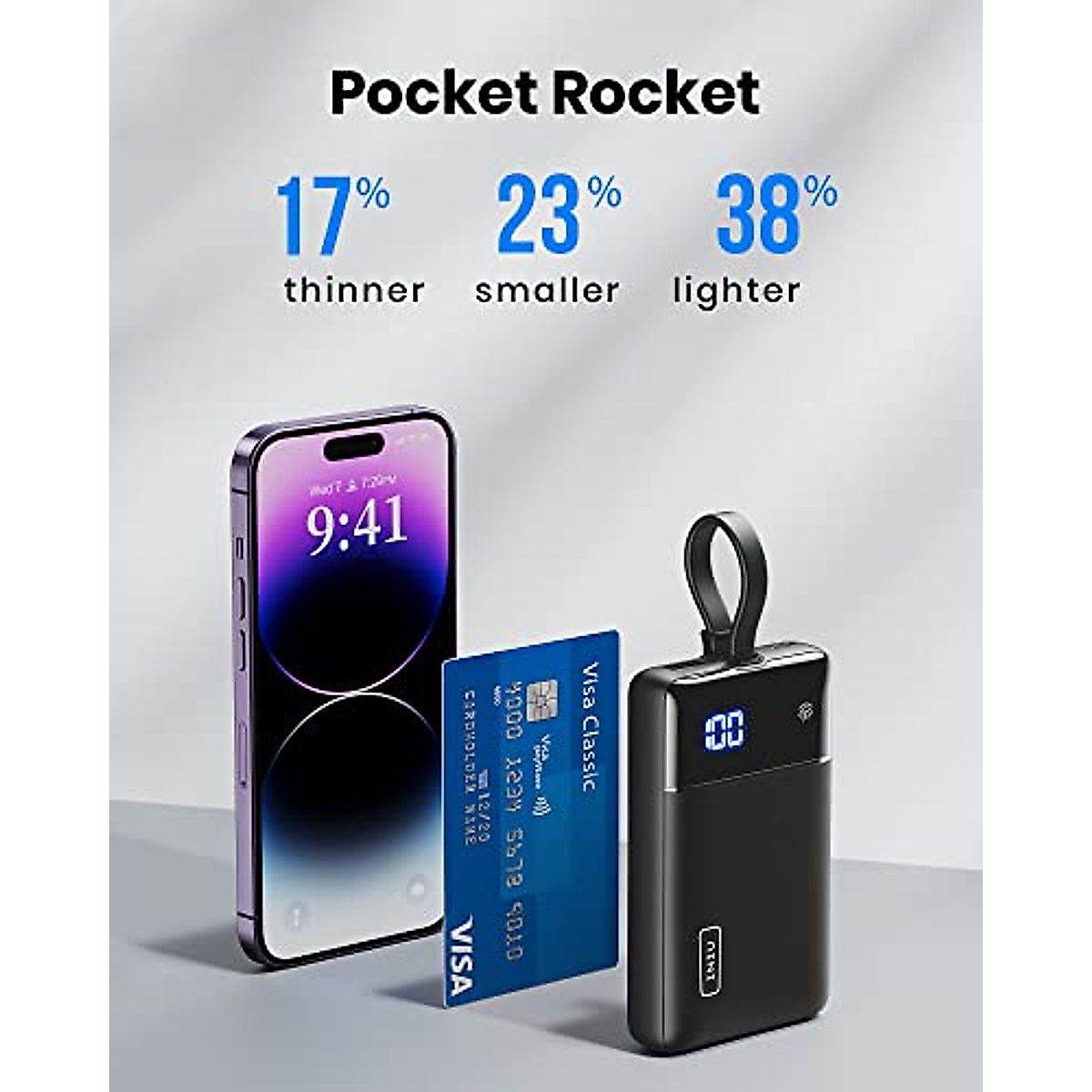 INIU Portable Charger, Adjustable Built-in Cables 10000mAh Power Bank with Tiny Size, Tri-3A High-Speed Battery Pack for iPhone 14 13 12 11 Pro X Samsung S22 S10 Google LG iPad Tablet Airpods etc.