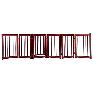 Giantex Freestanding Pet Gate with Door, 30inch 6 Panels Wooden Dog Gate with Walk Through Door, Foldable Pet Safety Puppy Fence Adjustable Pen for House Doorway Stairs