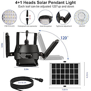 Auzev Solar Shed Light Indoor Outdoor Upgrade 176 LED 4 and 1 Heads Solar Powered Motion Sensor Pandent Daytime Work Lights with 4 Modes Remote Control Security lamp for Garage Gazebo Barn