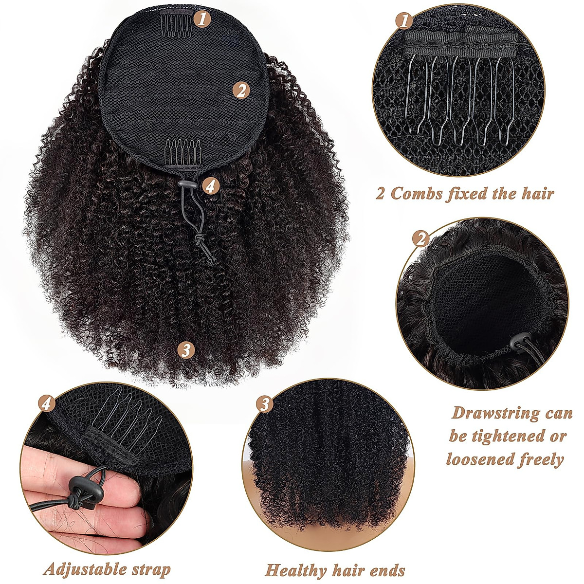 Afro Puff Drawstring Ponytail Bun For Black Women 150% Density 10A Brazilian Virgin Human Hair 4C Afro Kinky Curly Clip In Ponytail Extension Human Hair Pieces 120g Natural Color 10 Inch