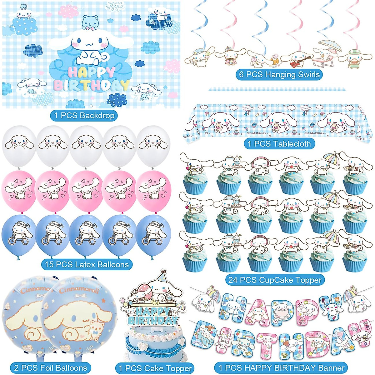 Cinnamoroll Birthday Decorations, Party Supplies Set Include Banner, Backdrop, Balloons, Hanging Swirls, Cake Cupcake Toppers, Tablecloth for Kids Cinnamoroll Theme Party