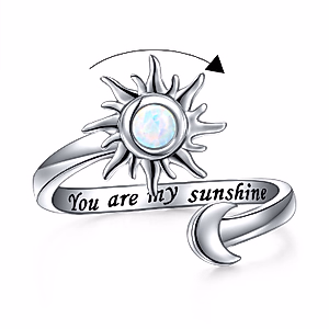 Anxiety Rings for Women S925 Sterling Silver Created Opal Sun and Moon Fidget Spinner Ring Adjustable Open End Engraved You are my Sunshine Spinner Gift for Her