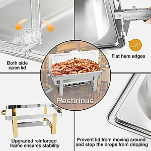 Restlrious Chafing Dish Buffet Set with Roll Top Plastic Cover 2 Pack, Stainless Steel 8 QT Rectangular Chafers and Buffet Warmers Complete Set w/Food Pan Water Pan, Fuel Holder in Gold Accent