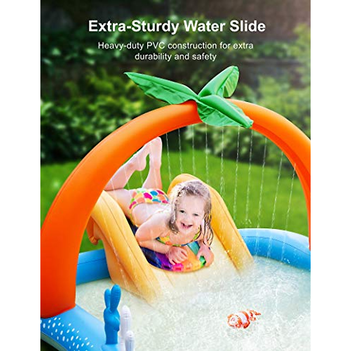 Inflatable Play Center, Kiddie Pool for Kids, Toddler Pool Seaside Water Lounge with Slide, Coconut Palm Sprinkler, Ball Toss Game, Ring Toss Game for Kids Children Ages 3+, 95'' x 75'' x 40''