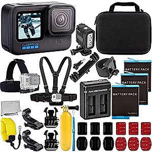 GoPro HERO10 (Hero 10) Black with Deluxe Accessory Bundle: 3X Replacement Batteries, Dual USB Charger, Underwater LED Light with Bracket, Water Resistant Action Camera Case, & Much More