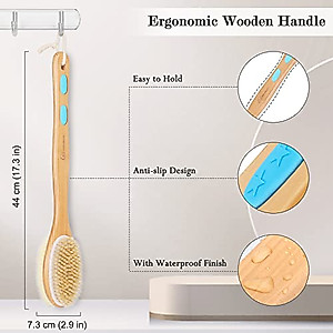 FREATECH Long Handle Body Brush Back Scrubber Exfoliator - 17.3" Wooden Bath Shower Brush, Dual-sided Brush Head with Soft Nylon Bristles and Stiff Natural Bristles for Wet or Dry Brushing