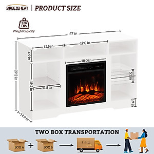 BREEZEHEAT Fireplace TV Stand for TVs Up to 55"-Led Entertainment Center-47 inch TV Stand with 18" Electric Fireplace-Bedroom Wooden TV Cabinet with Glass Shelves, Modern Media Console (White)