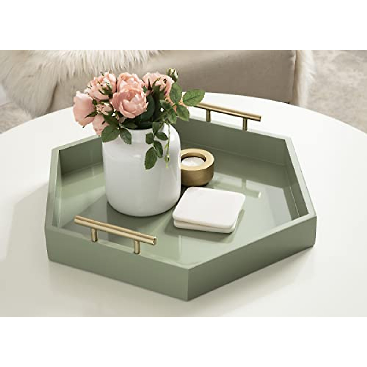 Kate and Laurel Lipton Modern Hexagon Tray, 18 x 18, Sage Green with Gold Handles, Midcentury Decorative Serving Tray for Storage and Display in Living Room Decor Scheme