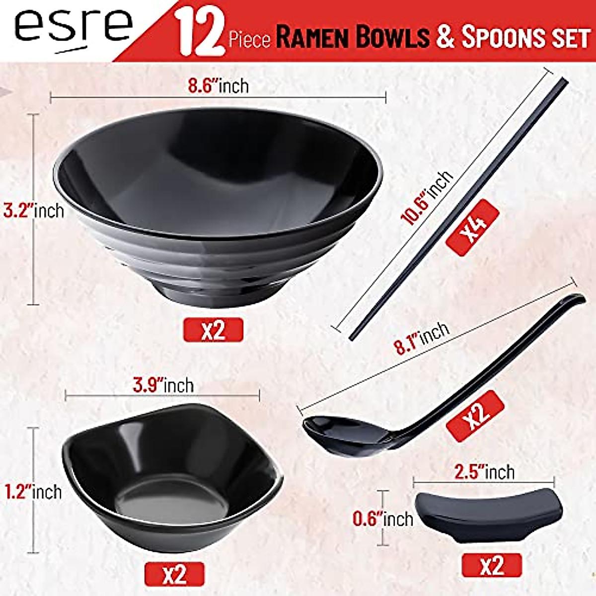 ESRE 2 sets (12 pieces) 37 oz Japanese Ramen Bowl with Chopsticks and Spoons | Asian Chinese Large Ramen Noodle Bowl | Dinnerware Ramen bowl set and Pho Bowl (Black)