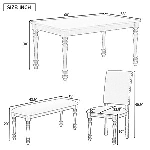 BIADNBZ 6-Piece Kitchen Dining Table Set with 4 Upholstered Chairs and 1 Bench, for 6 People, Gray